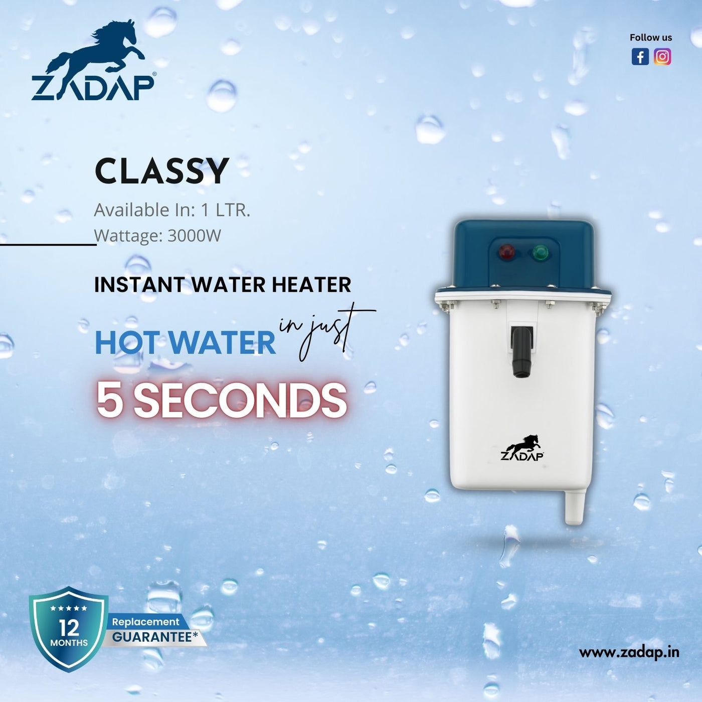 Zadap Classy Portable Instant Water Heater | Auto Cut-Off | ISI Marked ...
